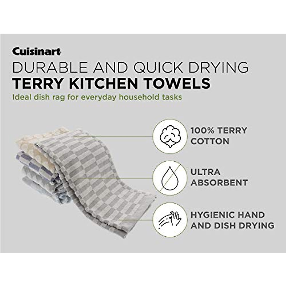 Cuisinart 100% Cotton Kitchen Towels, 2pk - Soft, Absorbent, Bleach Safe Dish Towels Perfect for Everyday Use - Bleach Proof Towels Remain Vibrant and Durable After Wash-16 x 27 Hand Towels - Gray