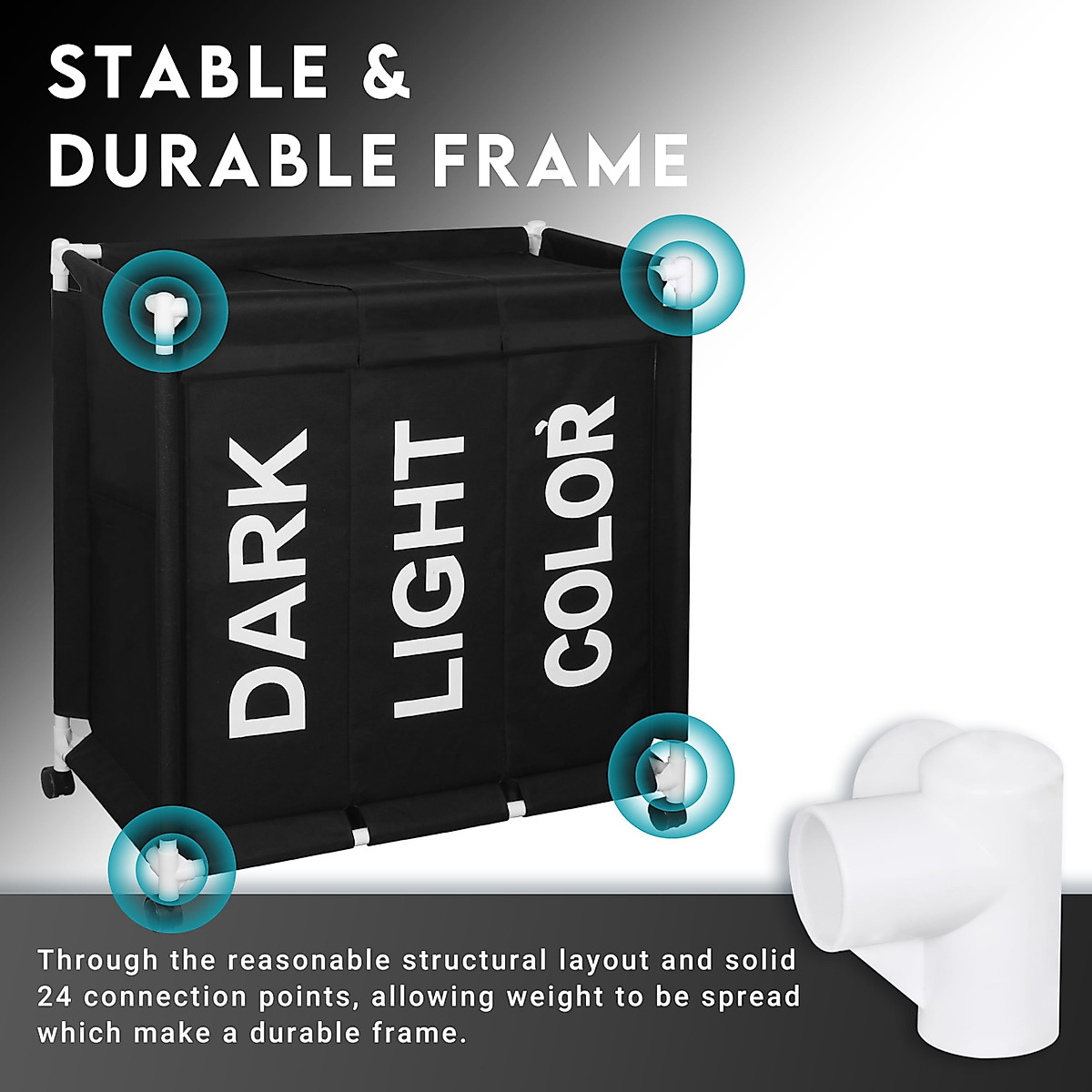 ZOES HOMEWARE Laundry Sorter 3 Section, 170L Laundry Cart with 3 × 15 Gal Compartment Laundry Hamper, Divided Laundry Separator, Laundry Basket Organizer, Black Laundry Hamper on Wheels