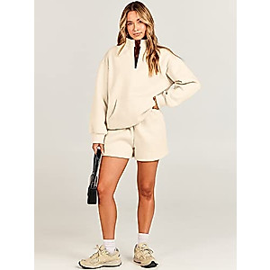 ANRABESS Women Two Piece Outfits 2023 Fall Clothes Set Sweatsuit Oversized Half Zipper Fleece Sweatshirt Casual Comfy Short Lounge Matching 1030mibai-S