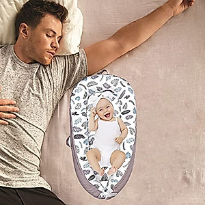 Vohunt Baby Lounger for Newborn,100% Cotton Co-Sleeper for Baby in Bed with Handles,Soft Newborn Lounger Adjustable Size & Strong Zipper Lengthen Space to 3 Tears Old(Grey-Rimmed Feather)