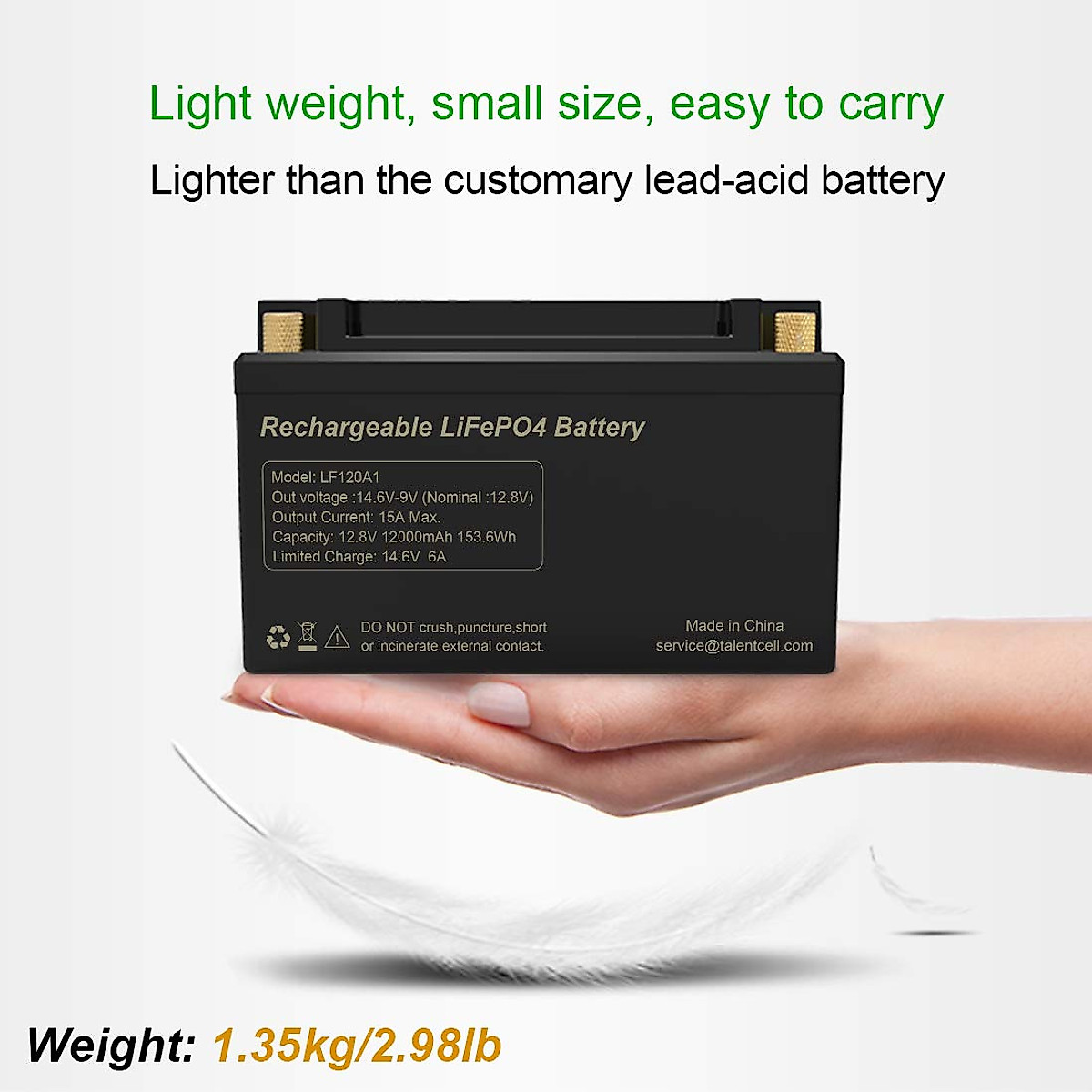 Talentcell 12V LiFePO4 Battery Pack LF120A1, Deep Cycle Rechargeable 153.6Wh 12.8V 12Ah Lithium Iron Phosphate Batteries