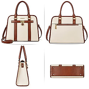BOSTANTEN Women Leather Handbags Fashion Designer Purses Two Tone Satchel Top Handle Bags with Crossbody Strap,Beige