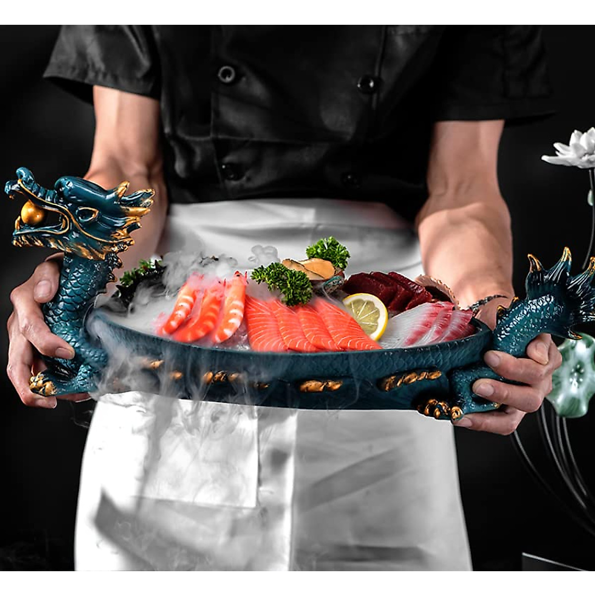 HONHPD 21 Inch Creative Sushi Boat Serving Tray,Dragon Head Sashimi Sushi Plate,Large Sushi Boat Plate for Sashimi Board Seafood Party,Great for Sushi Restaurant or Home,Dragon Plates Turquoise