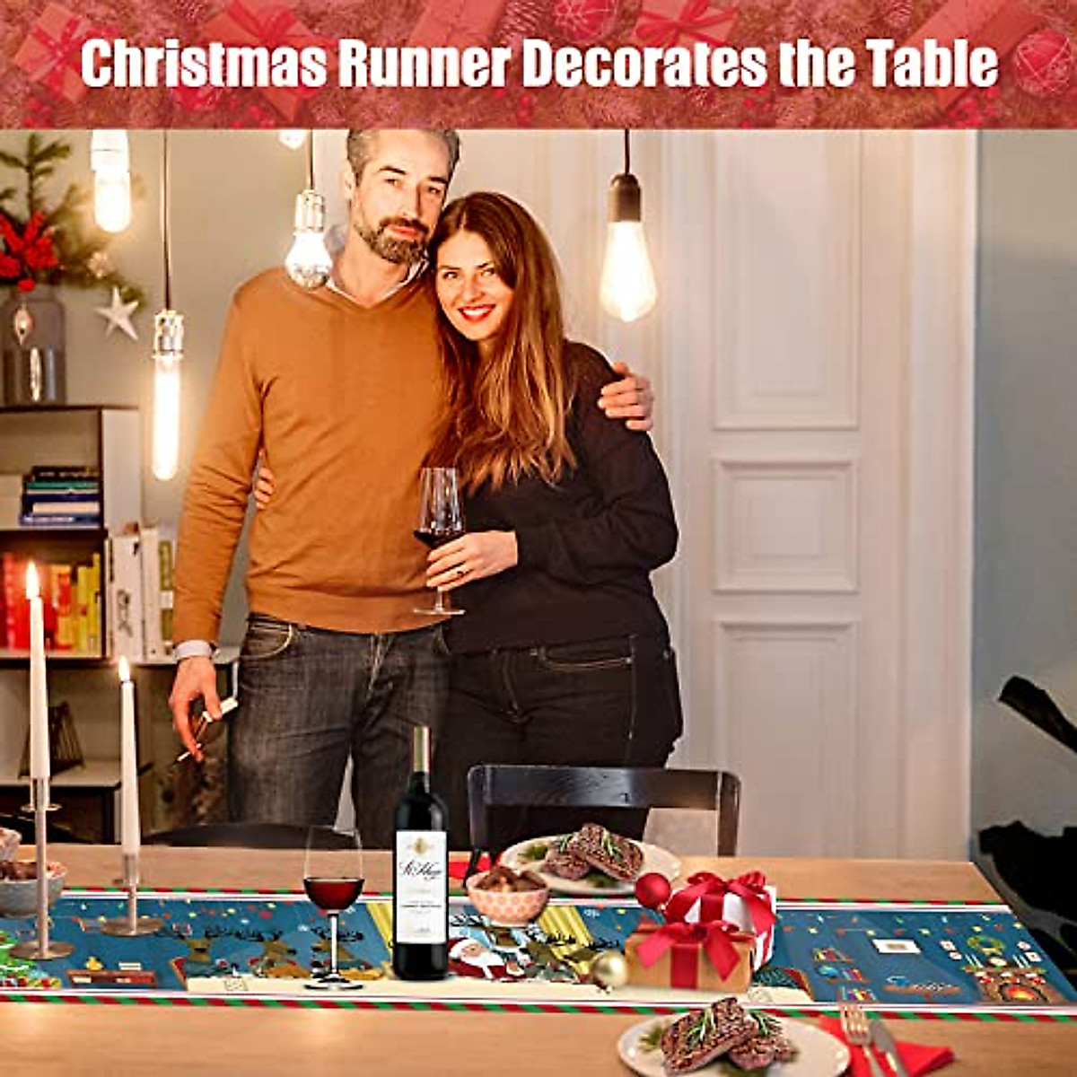 Christmas Table Runners 72 Inches Long, Farmhouse Table Runners Holiday Table Runners, Dining Table Runner with Santa Claus Christmas Trees Reindeers for Xmas Home Kitchen Dining Room Party Decor