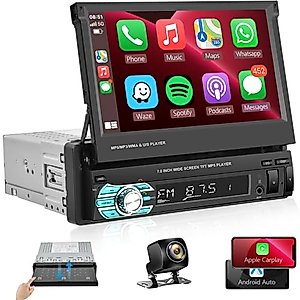Car Stereo with Apple Carplay Android Auto 7 Inch Foldable HD Touchscreen Radio Supports FM Bluetooth Android/iOS Mirror Link SWC,Single Din Car Audio with AHD Backup Camera/USB/TF Card Port/AUX-in
