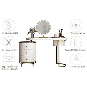 Anwickhomk Dresser Table, Vanity Corner Makeup Table Set Women Makeup,Mirror with LED Lights Desk and Chair,Modern Dressing Table Sintered Stone, with Stool, 5 Pine Wood Drawers,47.24'' White