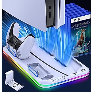DINOSTRIKE RGB Light PS5 Stand and Cooling Station with Dual Controller Charging Station for Playstation 5 Console, PS5 Accessories for PS5 Console with Headset Holder, 6 Game Slots, Screw White