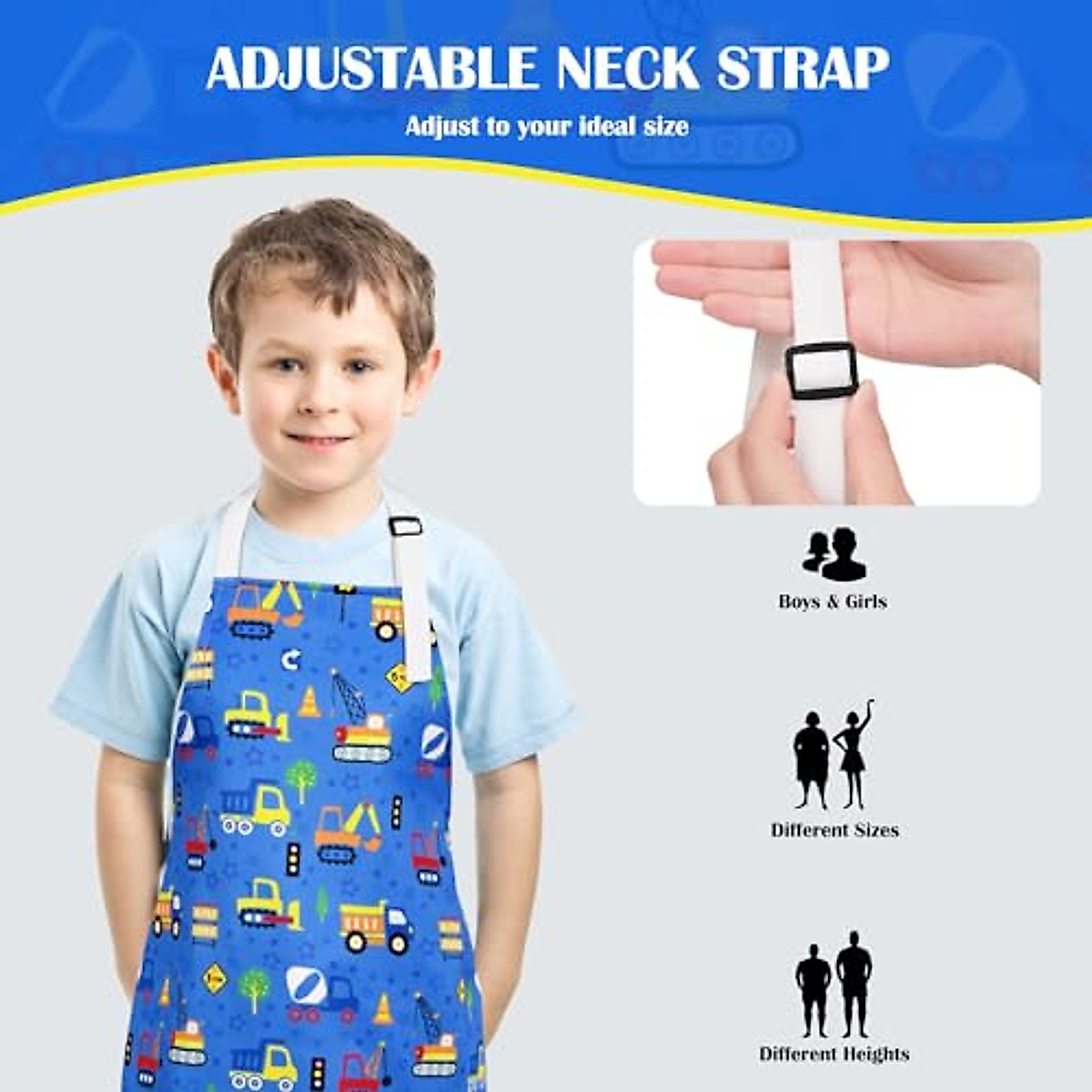 ASPMIZ Blue Kids Apron, Cartoon Vehicles Toddlers Apron for Boys, Tractor Childrens Aprons for Girls Adjustable Waterproof Child Apron for Gardening Crafting Cooking, Kids Boys Girls Gift