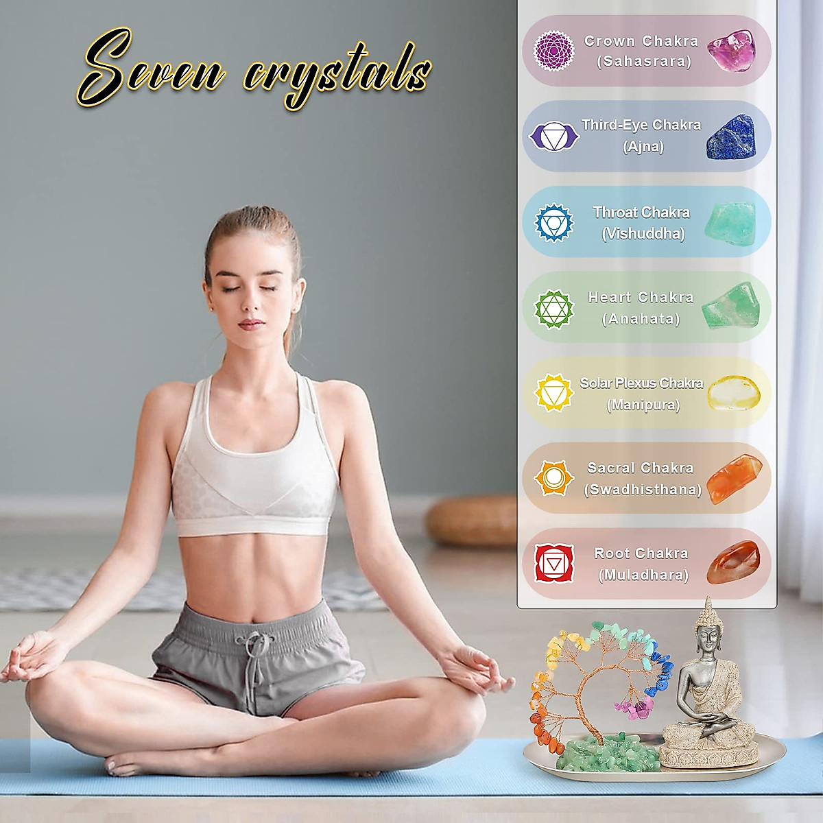 INNOLITES 7 Chakra Crystal Tree and Buddha Statue set, Yoga Meditation Decor, Money Tree and Buda Statues for Home Living Room Office Shelf Decoration Wealth and Luck（Silver）