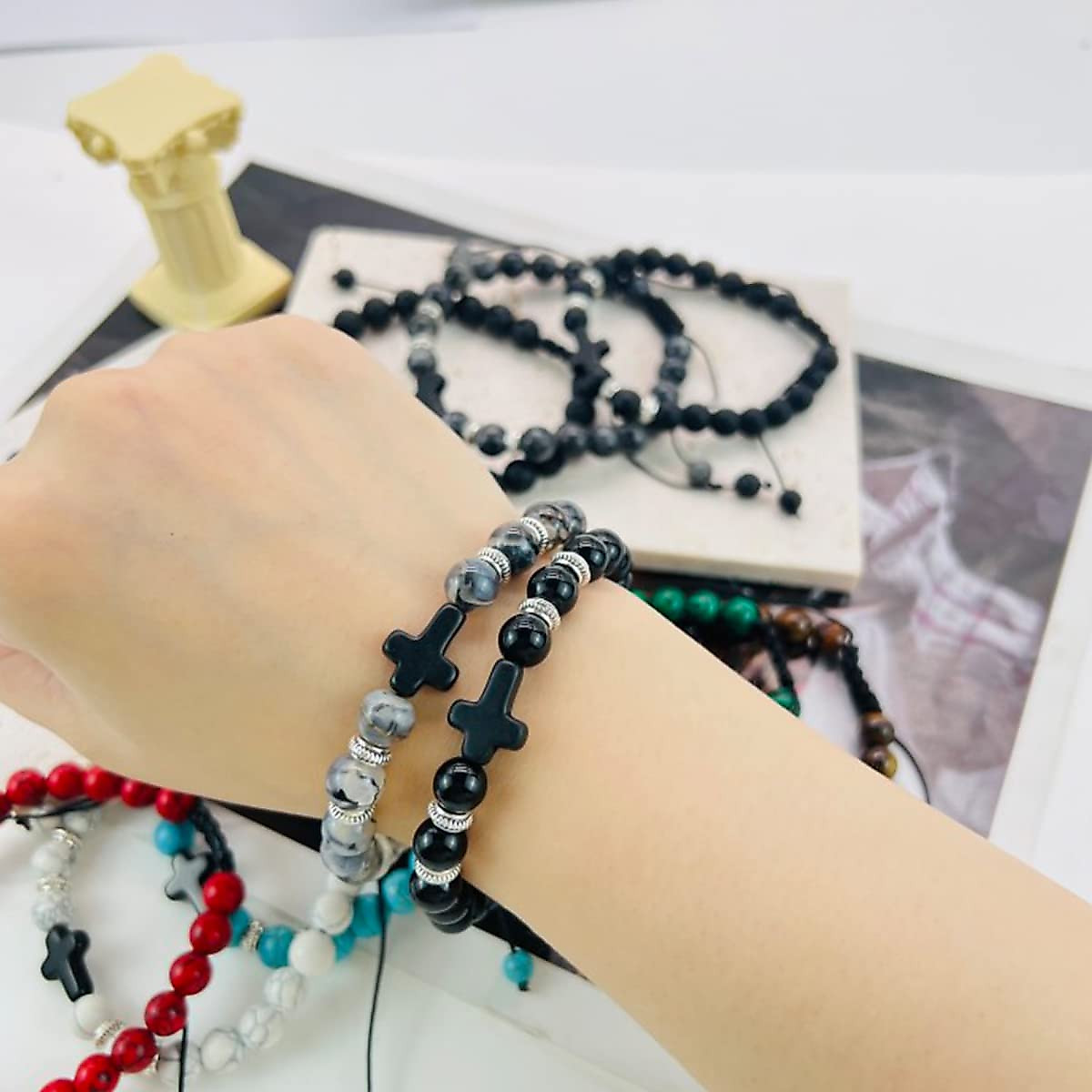 Svovin 12 Pcs Cross Beads Bracelet for Men Women 8mm Healing Lava Stone Bracelets Tiger Eye Stone Crystal Anxiety Beaded Bracelet Adjustable