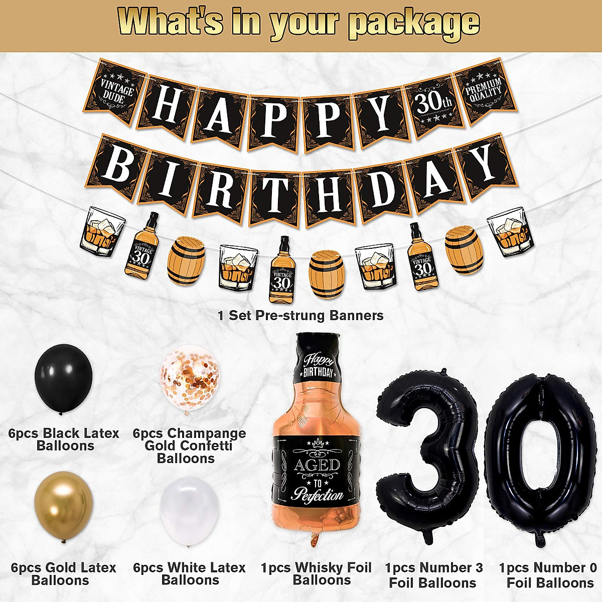Sinasasspel Whiskey 30th Birthday Decorations Gold & Black Aged to Perfection Birthday Party Banner Whiskey Garland, 27 Balloons for 30 Years Old Party Supplies