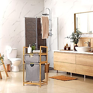 ALIMORDEN Natural Bamboo Freestanding Laundry Storage Basket, Household Laundry Basket with Bamboo Shelf, Laundry Storage Rack Dormitory, Gray