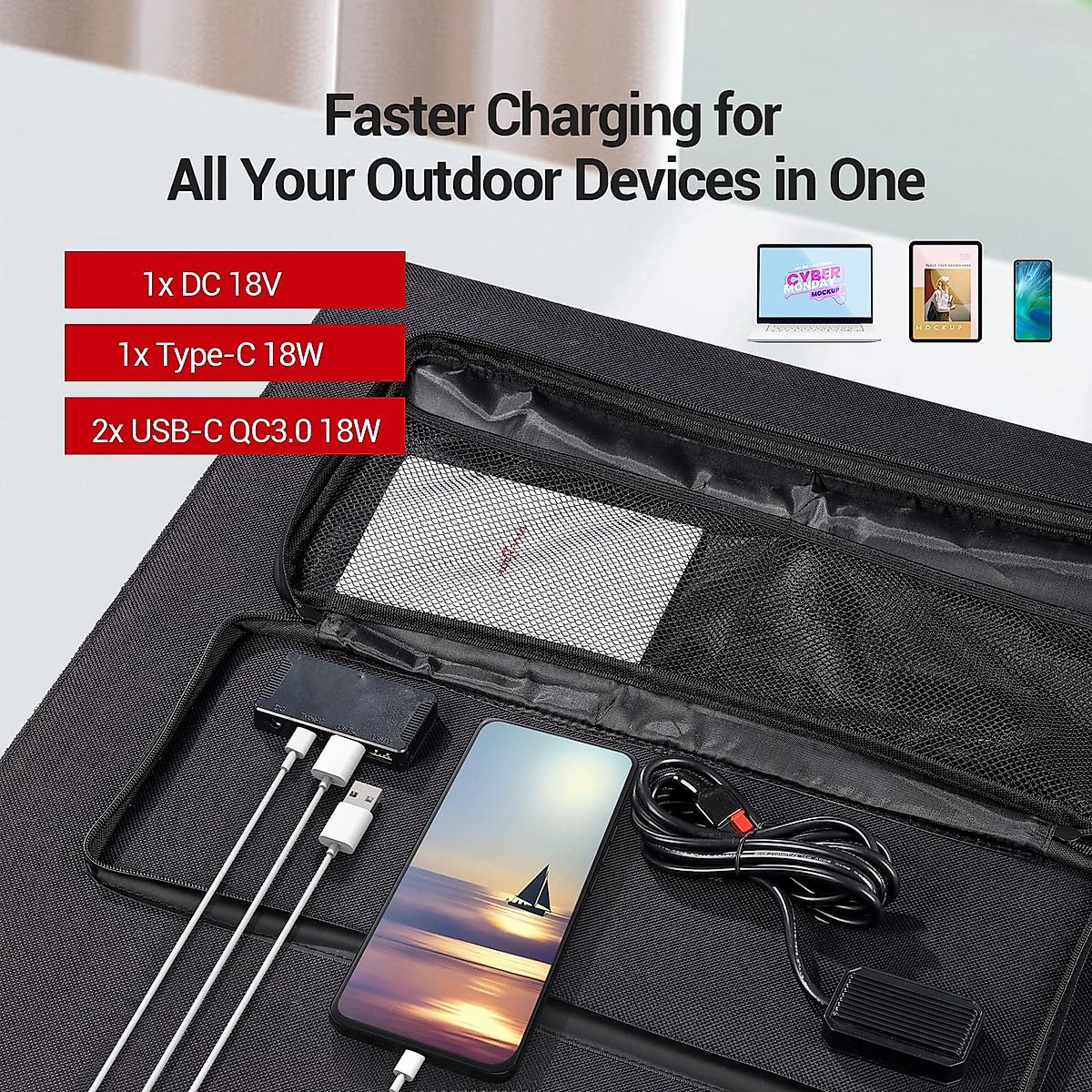 ROCKPALS 200W Portable Solar Panels with Kickstand, Foldable Solar Panel Charger for ROCKPALS/Jackery/BLUETTI/ECOFLOW Portable Power Station Solar Generator and USB Devices with QC 3.0 & Type C Output