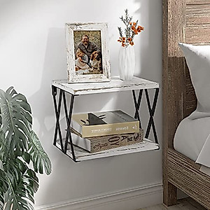 Sapowerntus Floating Nightstand Shelves Wall Mounted, 2 Tier Bedside Table for Bedroom, Rustic White Wood Basket Box Shelf with X Mental Bracket, Small Storage Decor in Bathroom Living Room