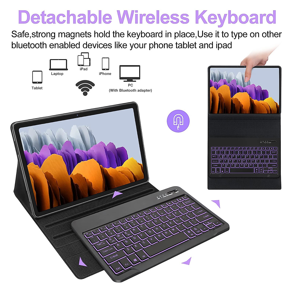 Samsung Galaxy Tab S8 Plus/S7 Plus /S7 FE Keyboard Case 12.4 inch, 7 Colors Backlit and Detachable Wireless Keyboard & Slim Stand with S Pen Holder for Tab S7 FE 2021/S7 Plus 2020/S8+ 2022, Gray