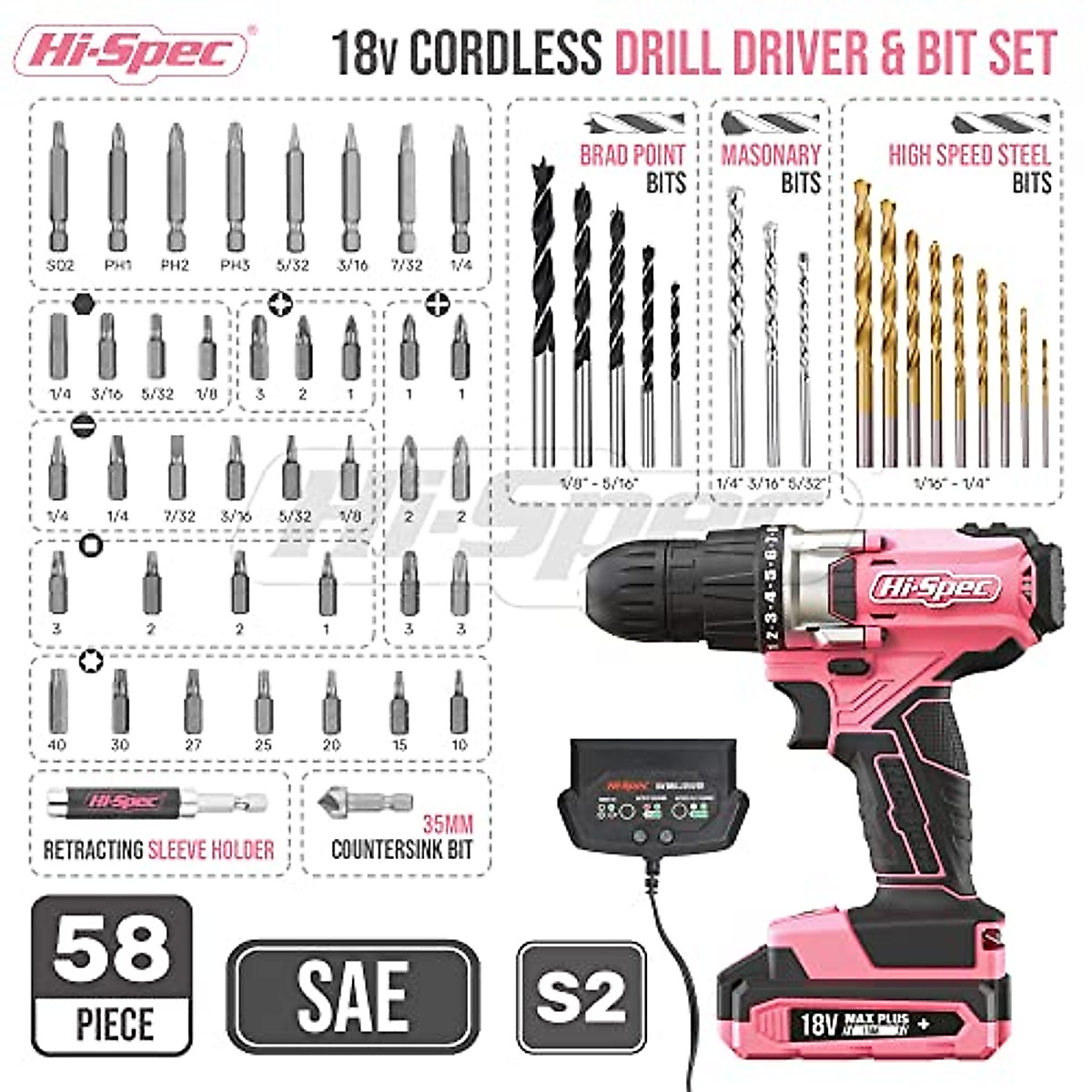 Hi-Spec 58pc Pink 18V Cordless Power Drill Driver, Bit Set & Case. Complete Home & Garage DIY Tool