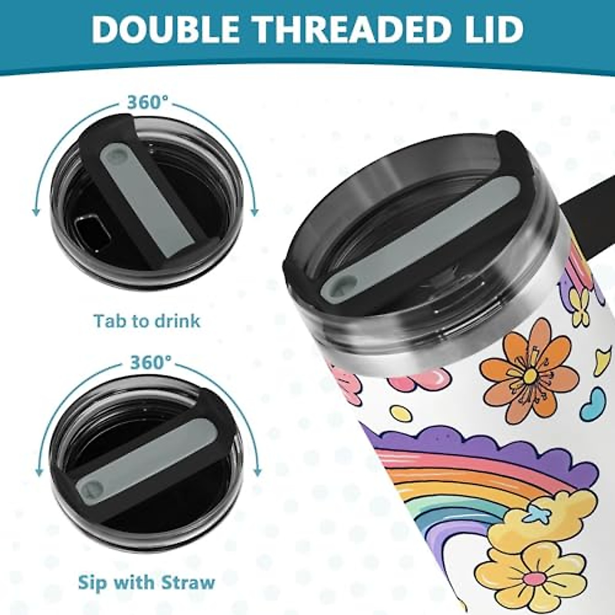 FRCSDIY Rainbow Flowers Insulated Tumbler with Handle and Straw Lid,40oz Leakproof Stainless Steel Cup BPA-Free Water Bottle