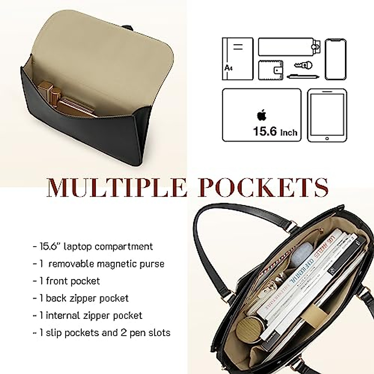 Missnine Laptop Bag with Removable Purse 15.6 inch Computer Bag Leather Briefcase for Women Work Bag Set Large Laptop Tote Bag for Office, Business