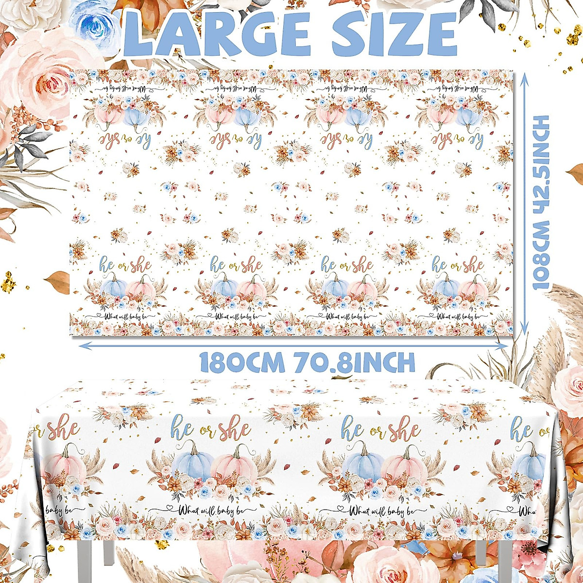3Pieces Pumpkin Gender Reveal Decorations Tablecloth, Fall Gender Reveal Decorations Pumpkin Tablecloth, He Or She What Will Our Pumpkin Be Tablecloth for Little Pumpkin Gender Reveal Decorations