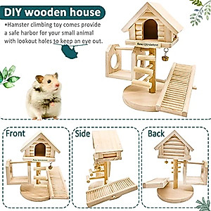 Hamiledyi Natural Dwarf Hamster House Double Decker Wooden Castle Small Animal Hideout Huts with Stair DIY Pet Living Playground Climbing Ladder Slide Training Play Toys for Syrian Mice Rats