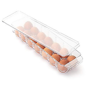 Smart Design Stackable Refrigerator Egg Holder Bin with Handle and Lid - BPA Free Plastic - Fridge Drawer, Freezer Tray, Kitchen Pantry Storage Container Organizer - 14.65 x 3.25 Inch - Clear