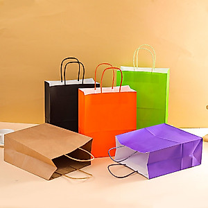 COVYOONG 24pcs Medium Plain Halloween Kraft Paper Bags with Handles Orange Gift Bags for Birthday Party Grocery Retail Business Goody All Saints' Day