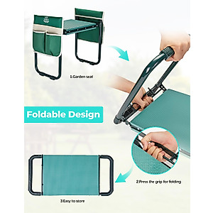 DEERFAMY Garden Stool 10.2" Width, Garden Kneeler and Seat Load Cap 350 lbs, Heavy Duty Gardening Stool with Extra Kneeling Pad, 2 Tool Pouches, Claw Gloves, Gift for Women Seniors, Green