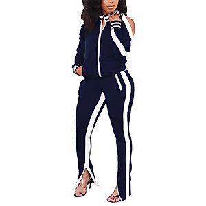 TOPONSKY Matching Lounge Set Warm Up Suits For Women 2 Pieces Sweaters Navy White M