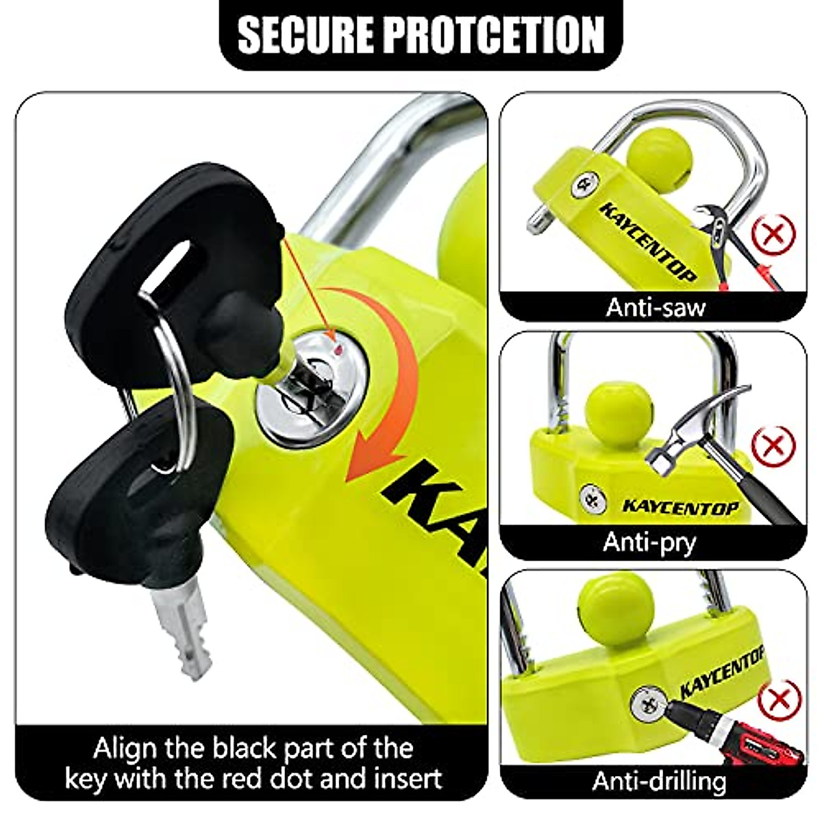 KAYCENTOP Universal Coupler Lock Trailer Ball Tow Hitch Lock Trailer Lock Adjustable Length Anti-Drilling Lock Fits 1-7/8 Inch 2 Inch 2-5/16 Inch Couplers