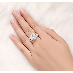 SUNLIAT Engagement Ring for Women, 925 Sterling Silver Cushion Cut Cubic Zirconia Halo Wedding Promise Ring for Her Simulated Diamond Anniversary Ring