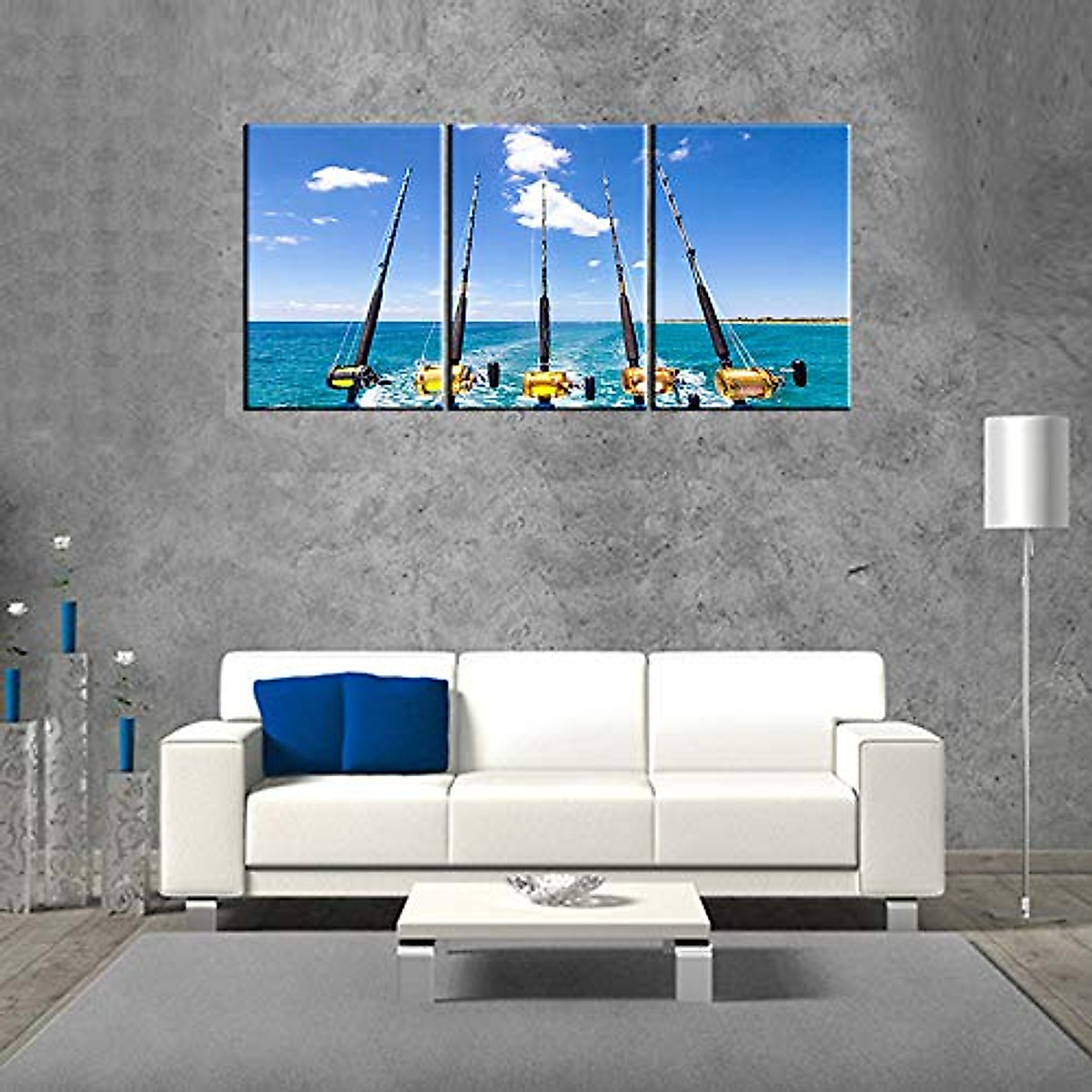 Canvas Wall Art Row of Five Fishing Rod and Reel Pictures Blue Seascape Paintings for Living Room Giclee Fishing Tackle Artwork HD Prints Modern Home Decor Framed Stretched Ready to Hang(60''Wx28''H)
