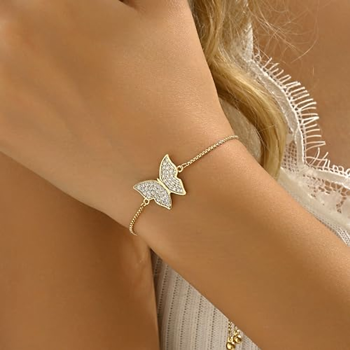 MAARRING Butterfly Jewelry Set - 14K Gold Plated Dainty Butterfly Necklace Bracelet Set with Cubic Zirconia, Birthday Bar Mitzvah Gifts for Women (Gold)