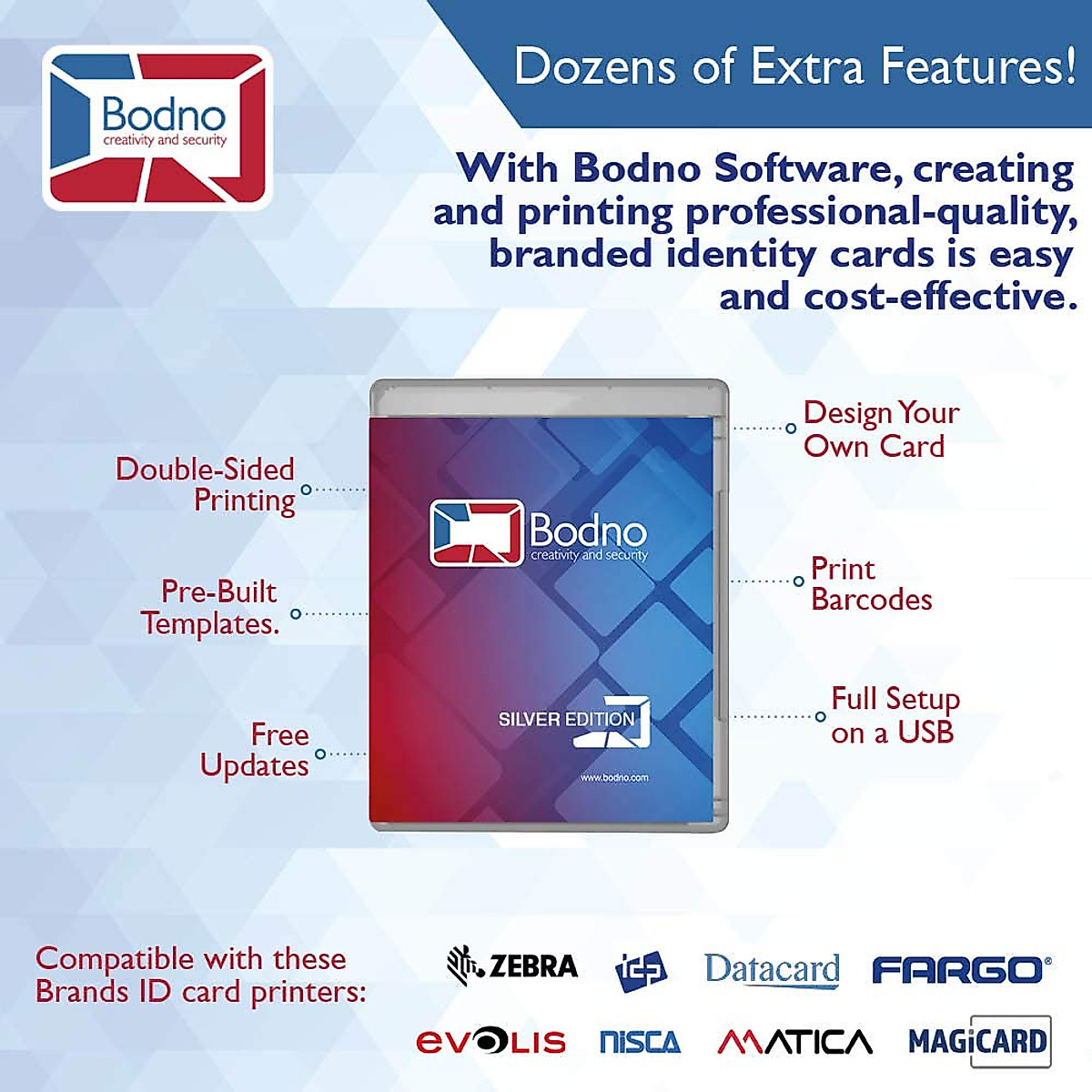 Bodno ID Card Software Program for PC & MAC - Design & Print Photo ID Cards and Gift/Loyalty Cards - Silver Edition