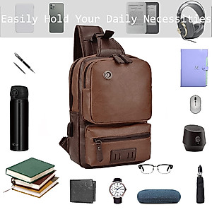 AONETIGER Small Brown Sling Crossbody Backpack Shoulder Bag, Vintage PU Leather Casual Daypack Rucksack with USB Charger bag for Men Women