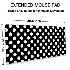 SSOIU Extended Gaming Mouse Pad (35.5x15.7 in), Large Stable Rubber Base Mousepad with Stitched Edges, Keyboard Mouse Mat Desk Pad for Work, Game, Office, Home - Black and White Polka Dot