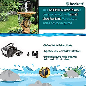 Beckett Corporation M90AUL 7206410 120 GPH Submersible Pump for Small Indoor/Outdoor Ponds, Water Gardens, Aquariums, and Waterfalls, 2' Max Fountain Height, Black