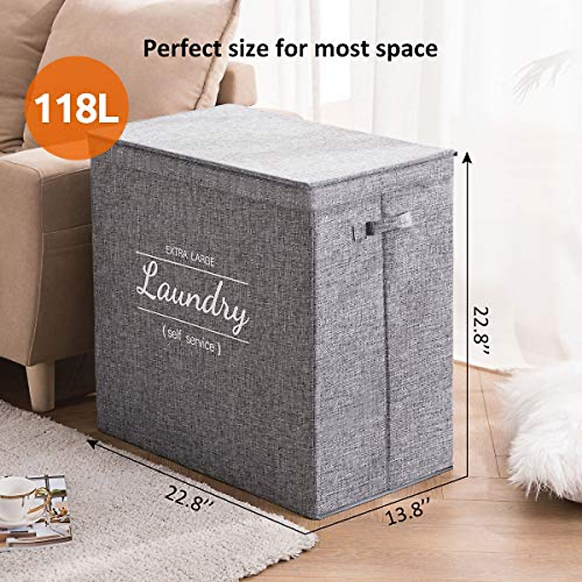 YOUDENOVA Double Laundry Hamper with Lid, Divided Dirty Clothes Basket with 2 Removable Liner Bag, Dual Hampers for Laundry Sorter 2 Section, Grey