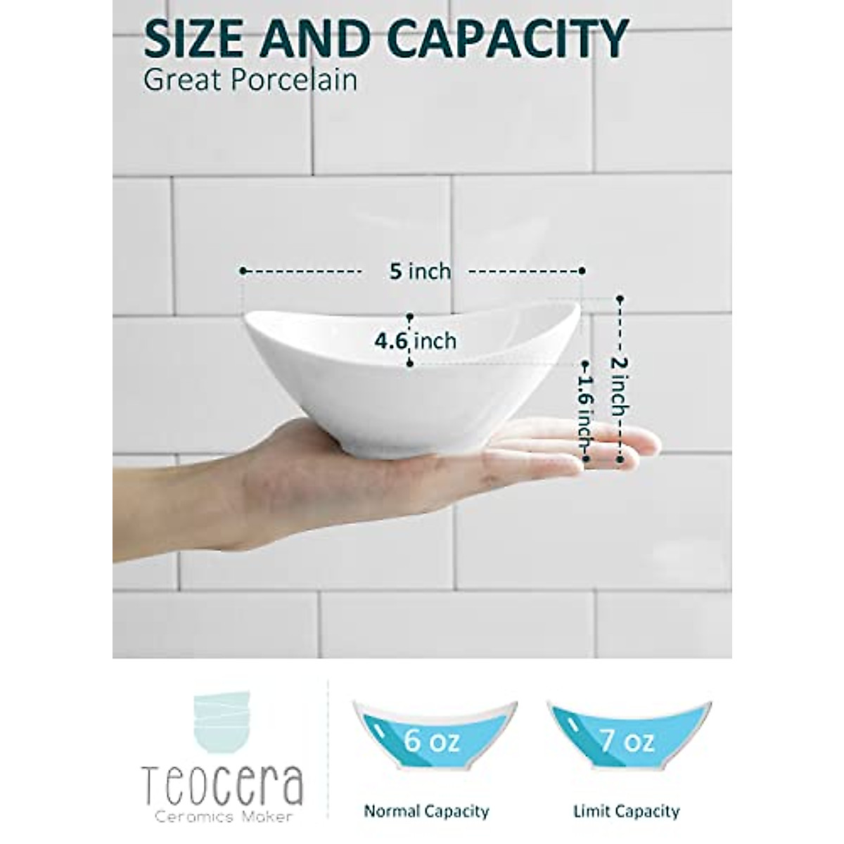 Teocera Porcelain Small Bowls, Dessert Bowls Set - 6 Ounce for Ice Cream, Small Side Dishes, Set of 6, White