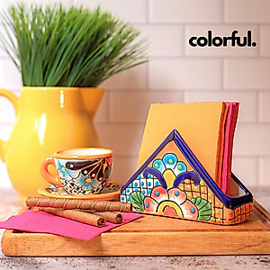 Ceramic Cocktail Napkin Holder - Authentic Mexican Pottery - for Kitchen Countertop | Dinner Table | Indoor & Outdoor Use Tissue and Letter Holder - Mexican Style Talavera Servilletero (Multicolor)