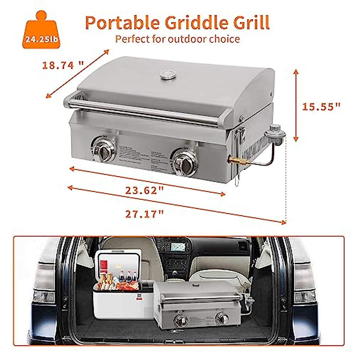 Hykolity 20 in. Portable Propane Grill, 20,000 BTU Stainless Steel Tabletop Propane Gas Grill with Travel Locks, Built in Thermometer, Propane Grill for Camping, Outdoor, Cooking, Tailgating