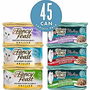 Purina Fancy Feast Wet Cat Food Variety Pack, Grilled Feast & Medleys Seafood Collection - (45) 3 oz. Cans