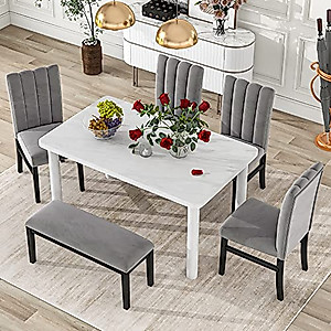 P PURLOVE Faux Marble Style 6 Piece Dining Table Set, Marble Veneer Table with 4 Flannelette Upholstered Dining Chairs and a Bench for Home Living Room (White adn Gray)