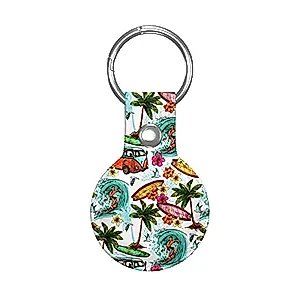 Hawaiian Surfer Retro Palm Trees Flowers Leather AirTag Case Compatible with Apple AirTag, 1-Pack Keychain Anti-Scratch Protective Skin Cover for Dogs Keys Backpack (2021)