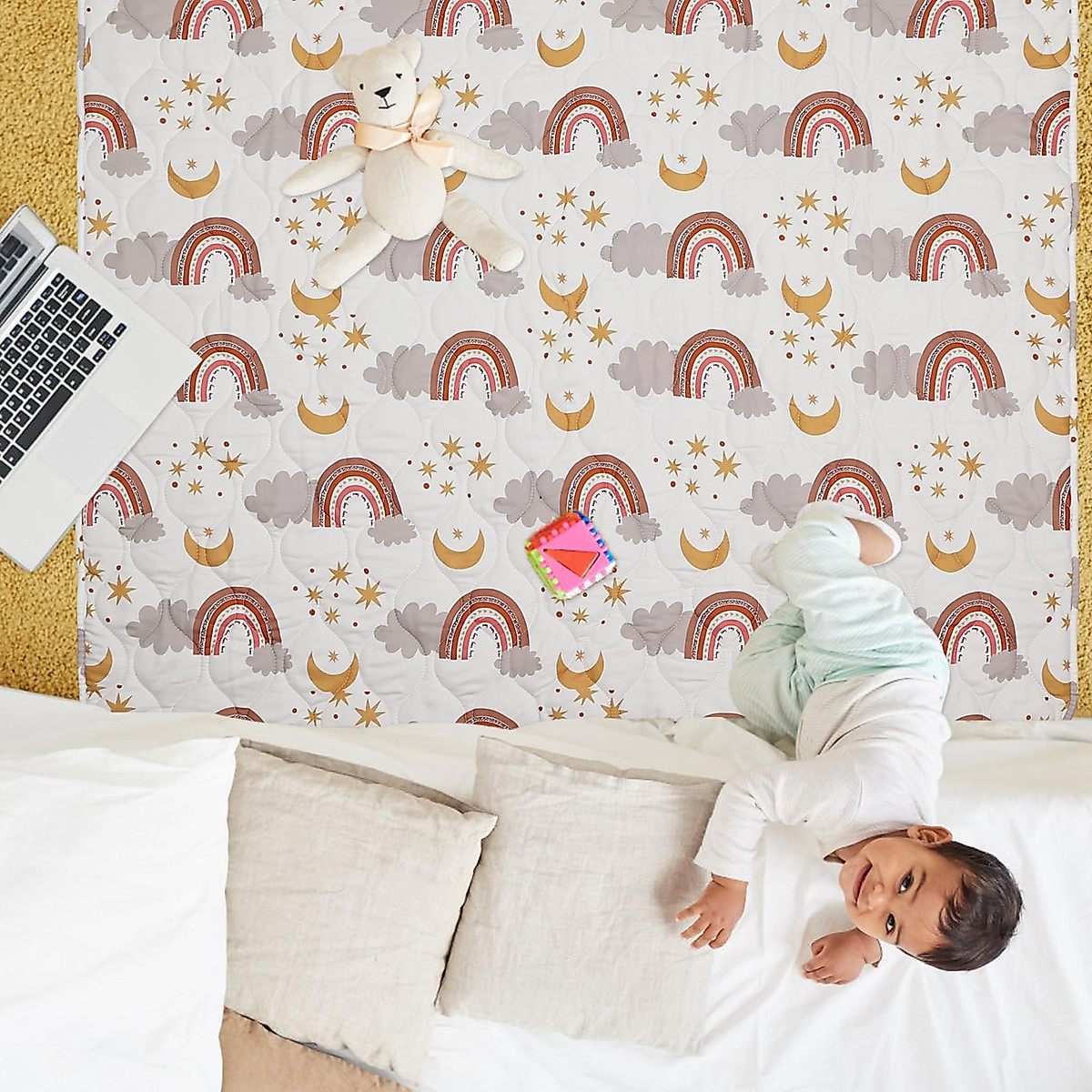 Playpen Mat,Thick & Soft 50x50 Play Mat for Playpen,One-Piece Crawling Mat for Floor Compatible with TODALE and LIAMST Playpen,Non Slip Cushioned Baby Mats for Infants,Babies,Toddlers(Rainbow)