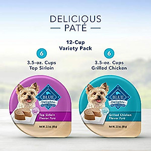 Blue Buffalo Delights Natural Adult Small Breed Wet Dog Food Cups, Pate Style, Grilled Chicken & Top Sirloin 3.5-oz (12 Pack- 6 of Each Flavor)