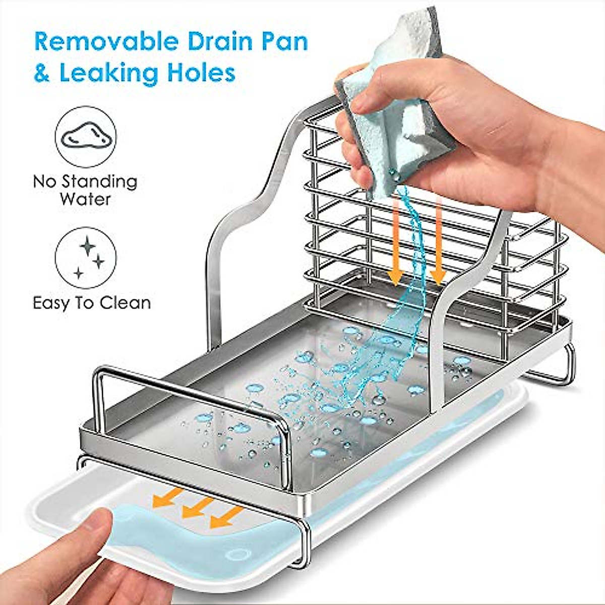 Nieifi Sink Caddy Organizer Sponge Soap Brush Holder with Drain Pan Stainless Steel for Kitchen