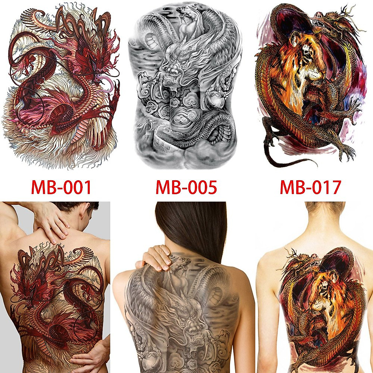 Glaryyears Super Large Full Back Covered Temporary Tattoo, 3 Pack Big Fake Realistic Tattoos Stickers for Adults Women Men, Scary Fierce Dragon Tiger Design