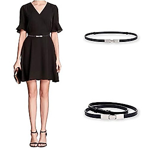 Women's Belts Skinny Soft Genuine Leather Belts Adjustable Slim Waist Belt Silver Metallic Plaque Buckle Waistband, Black