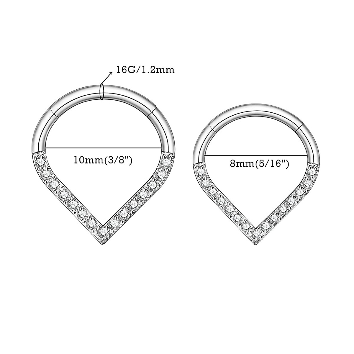 MissNity 16G 10mm Septum Rings 316L Surgical Steel Hinged Nose Hoop Ring 16 Gauge Clicker Segment Septum Jewelry Tear Drop Daith Earrings Body Piercing with Clear CZ, Silver