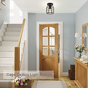 Industrial Black Semi Flush Mount Ceiling Light, Farmhouse Mini Cage Ceiling Lighting Fixture, Vintage Caged Ceiling Lamp for Entryway, Kitchen, Bedroom, Laundry Room, Hallway, Dining Room